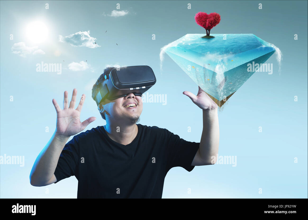 The young man wearing virtual reality goggles seen amazing diamond ...