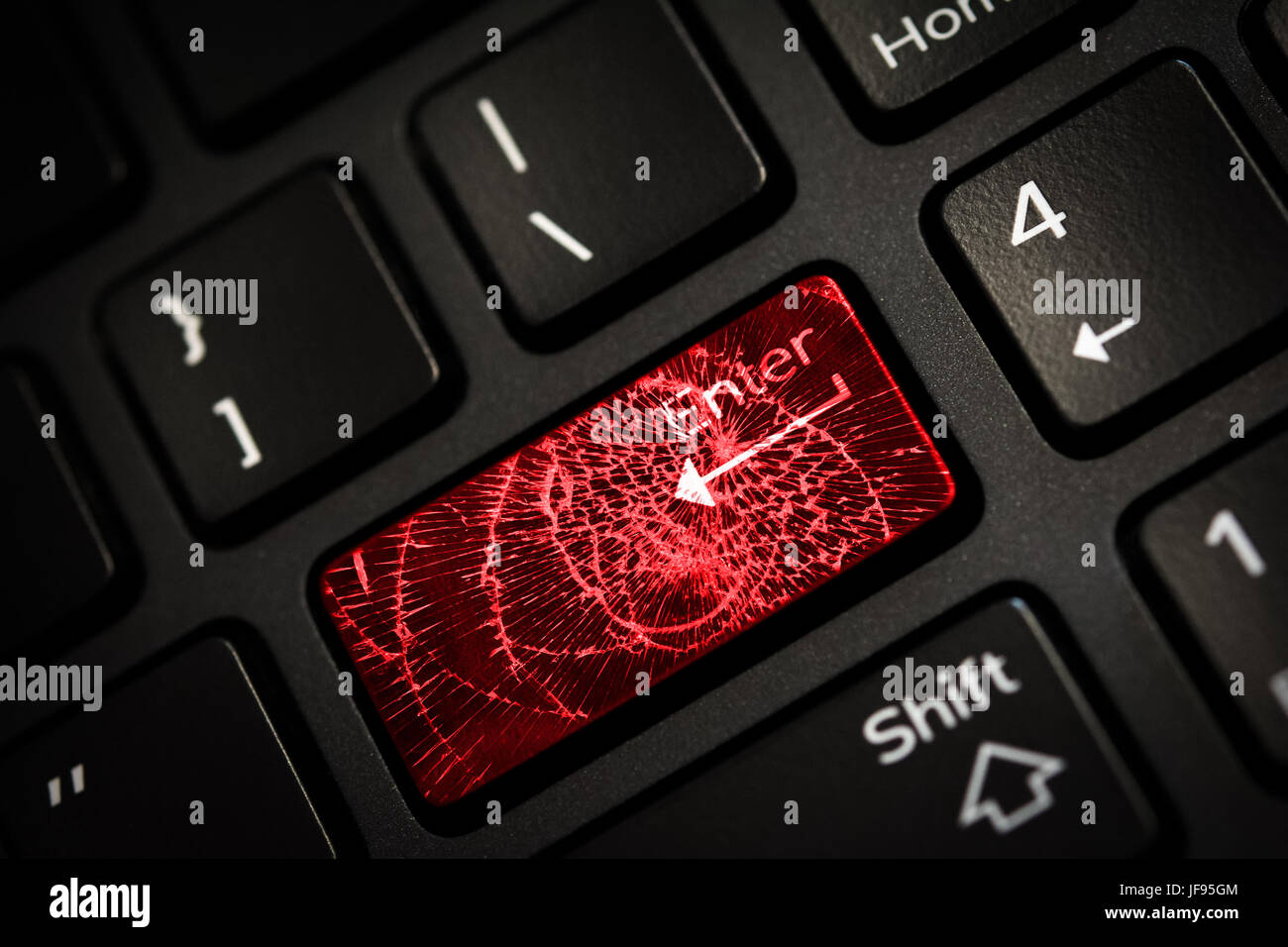 Message on broken red enter key of keyboard. Computer virus attack ...