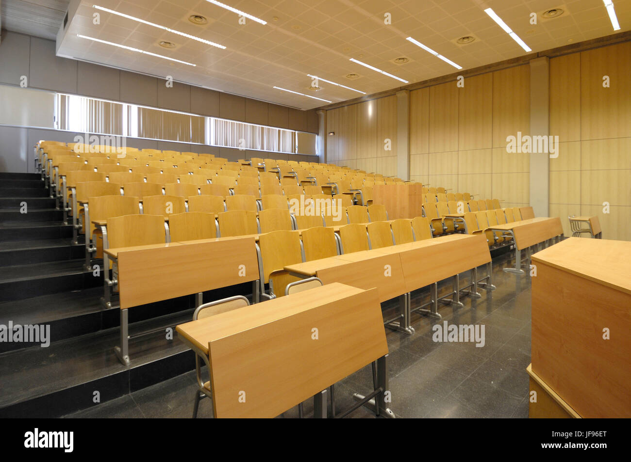 class university with outstanding and empty, with wooden tables Stock ...