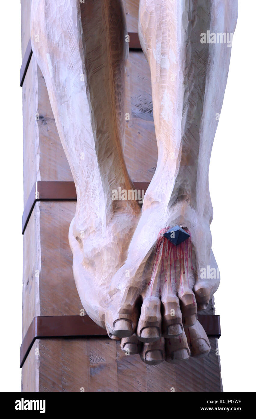 detail of feet with blood of a wooden crucifix Stock Photo - Alamy