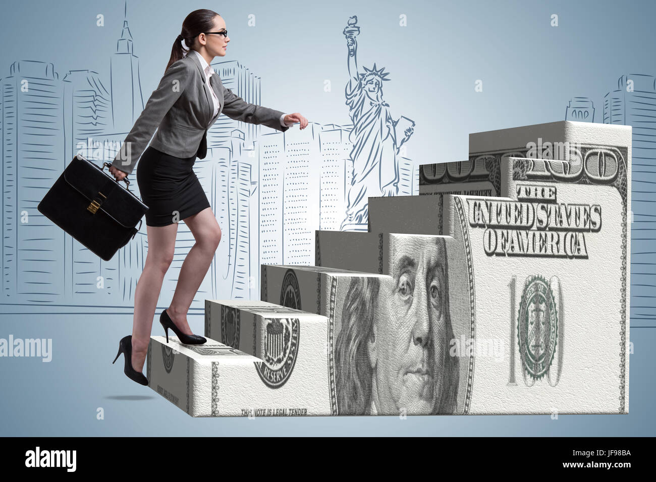 Businesswoman climbing dollar ladder concept Stock Photo - Alamy