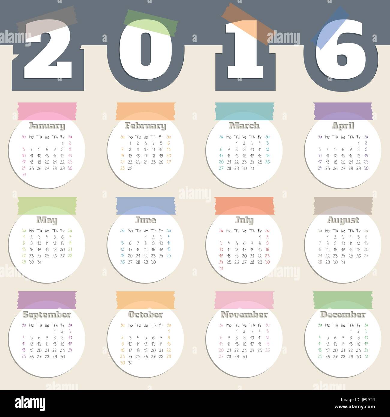 Cool calendar with color tapes and white circles for year 2016 Stock ...