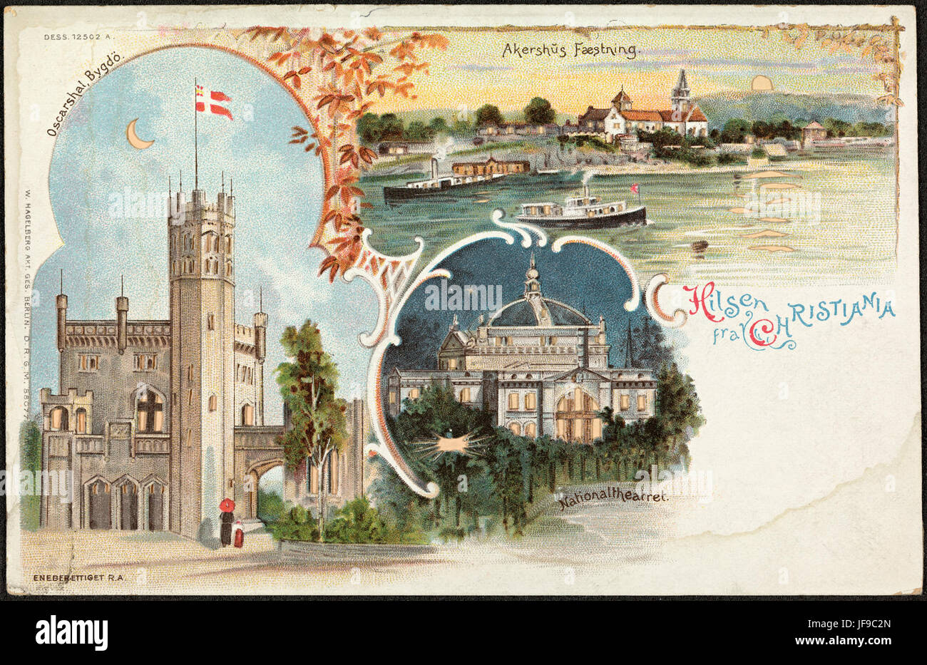 A vintage postcard from Christiania (now Oslo), capturing iconic ...
