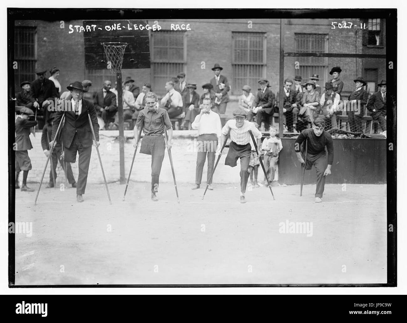 Children starting a one-legged race, vintage childhood game, nostalgic ...