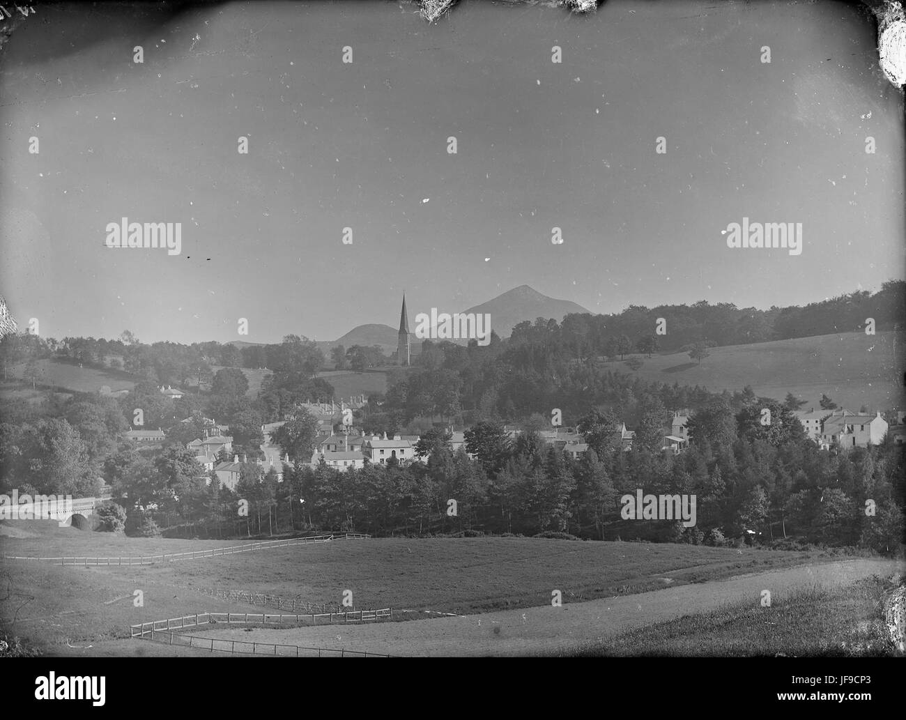 Town or village with church tower visible in the distance, Enniskerry ...