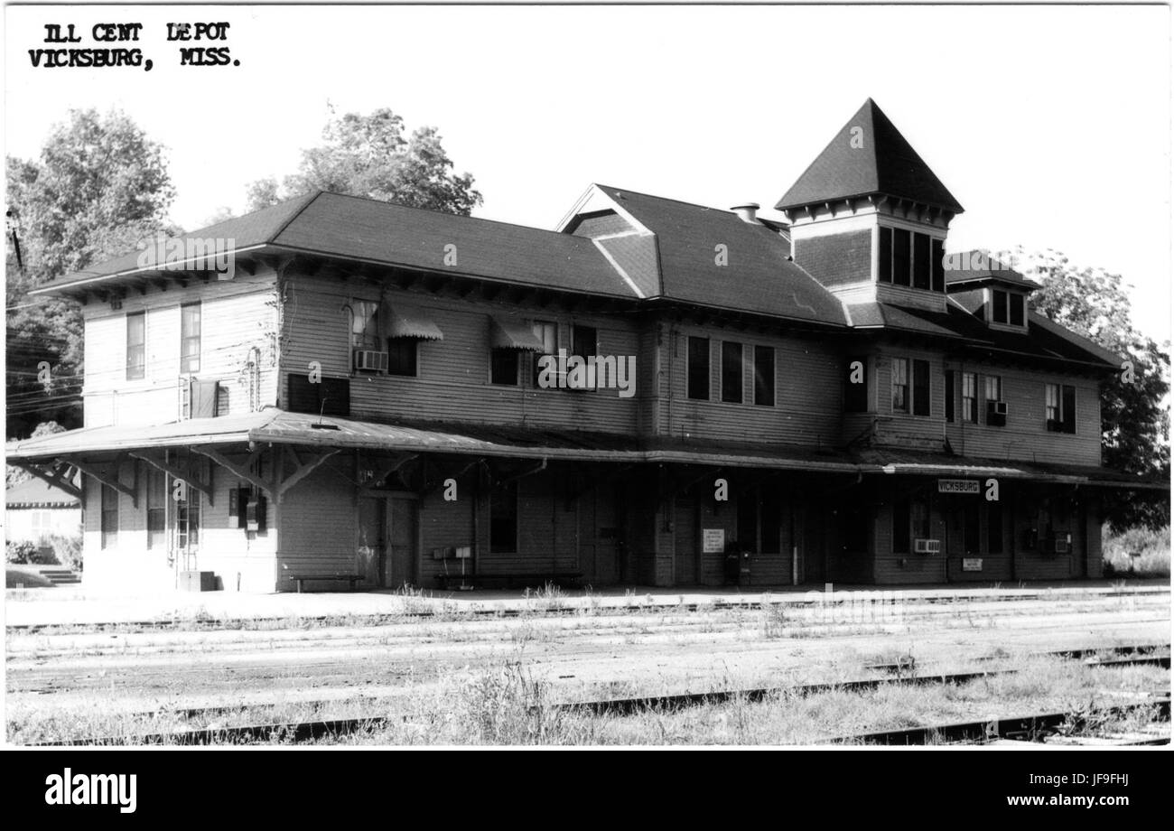 A historical photograph of the Illinois Central Depot in Vicksburg, Mississippi, showcasing 20th ...