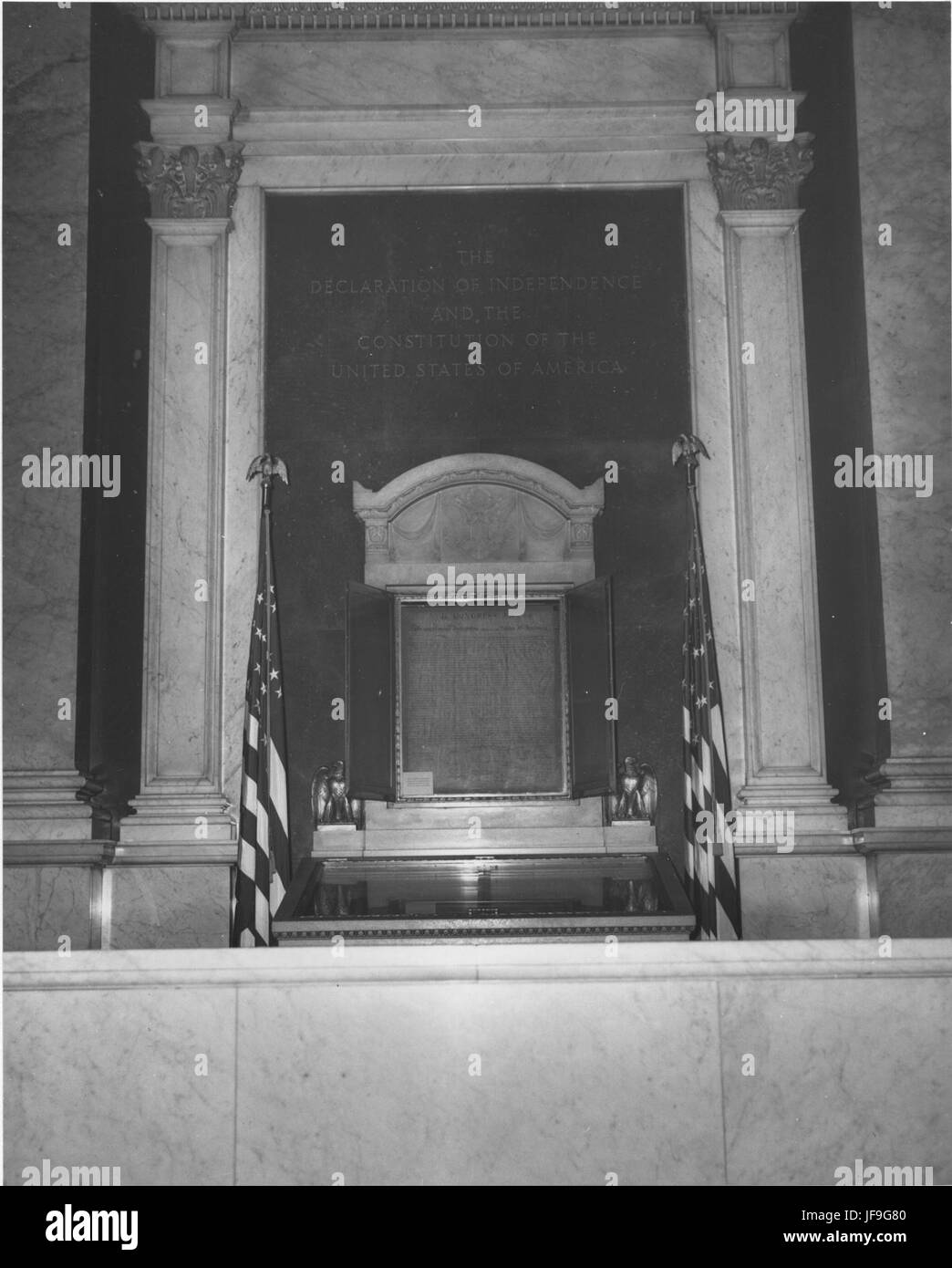 A historical image capturing the display of the U.S. Declaration of ...