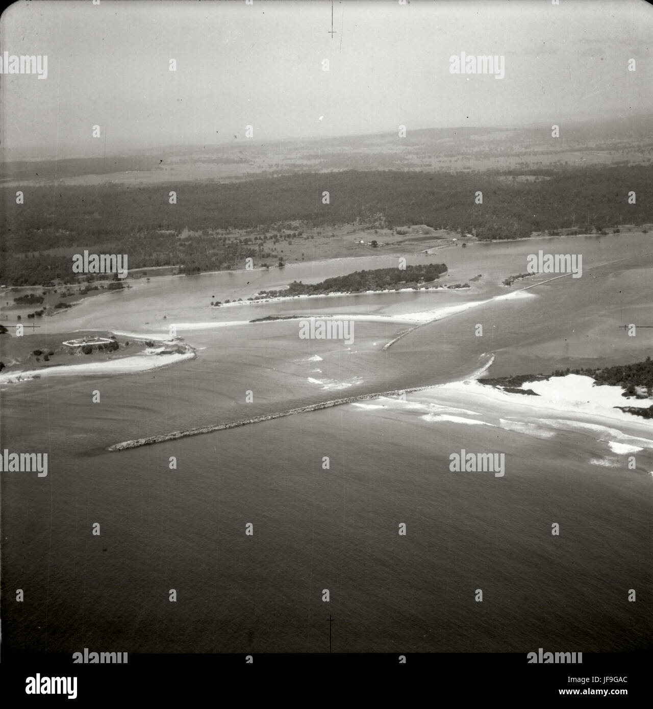 An aerial photograph from 1937 showing the entrance to Moruya ...