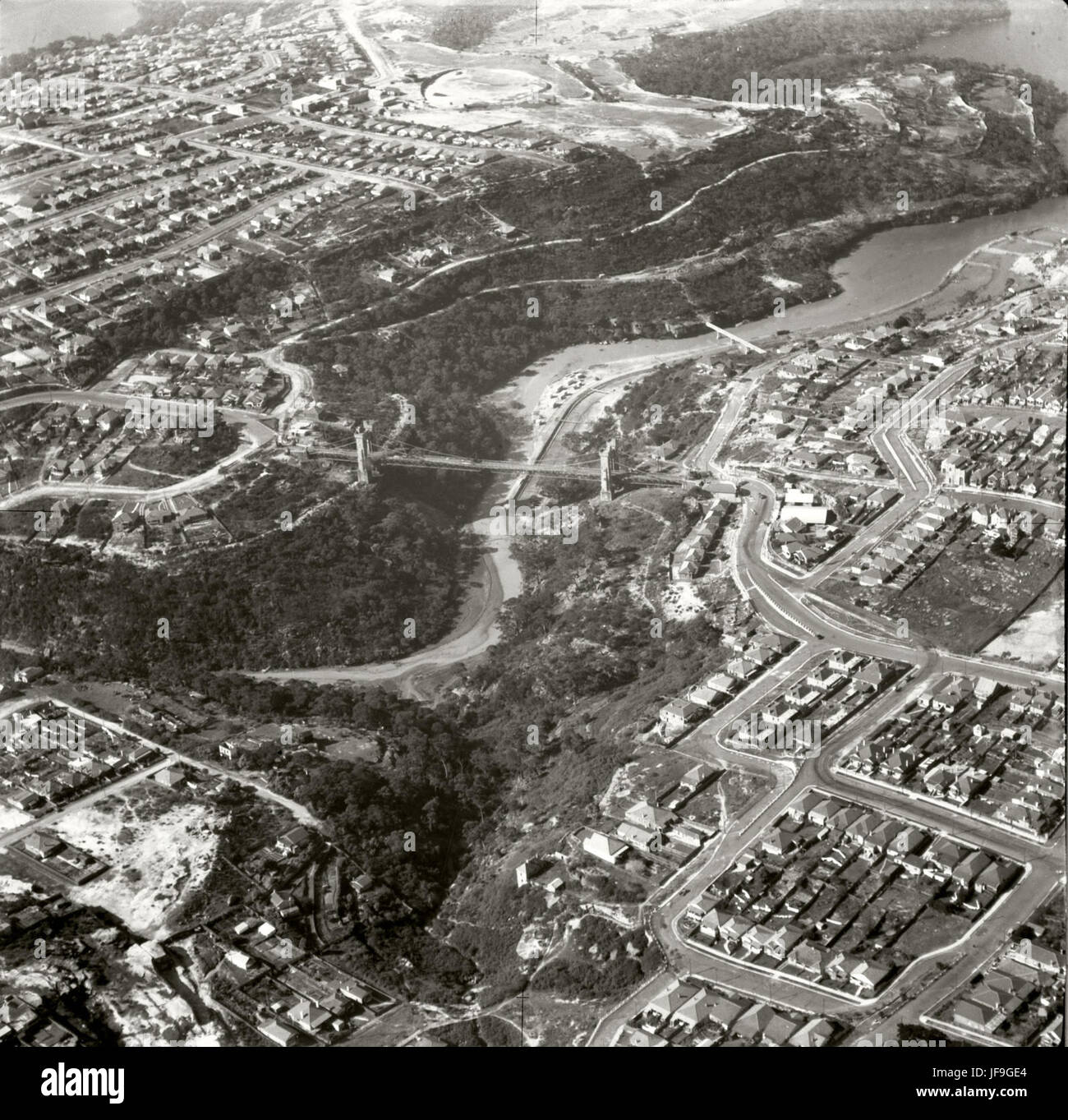 An aerial view of the Northbridge Suspension Bridge, captured in 1937 ...