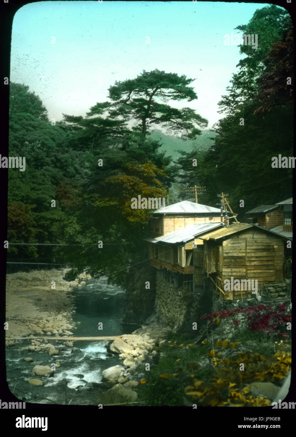 Stone-Walled Riverbank Buildings in Meiji Japan, Historic Photograph ...
