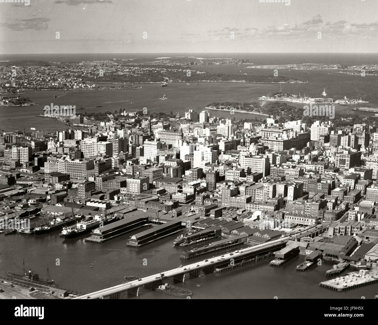 An aerial view of Pyrmont Bridge and Darling Harbour in Sydney ...