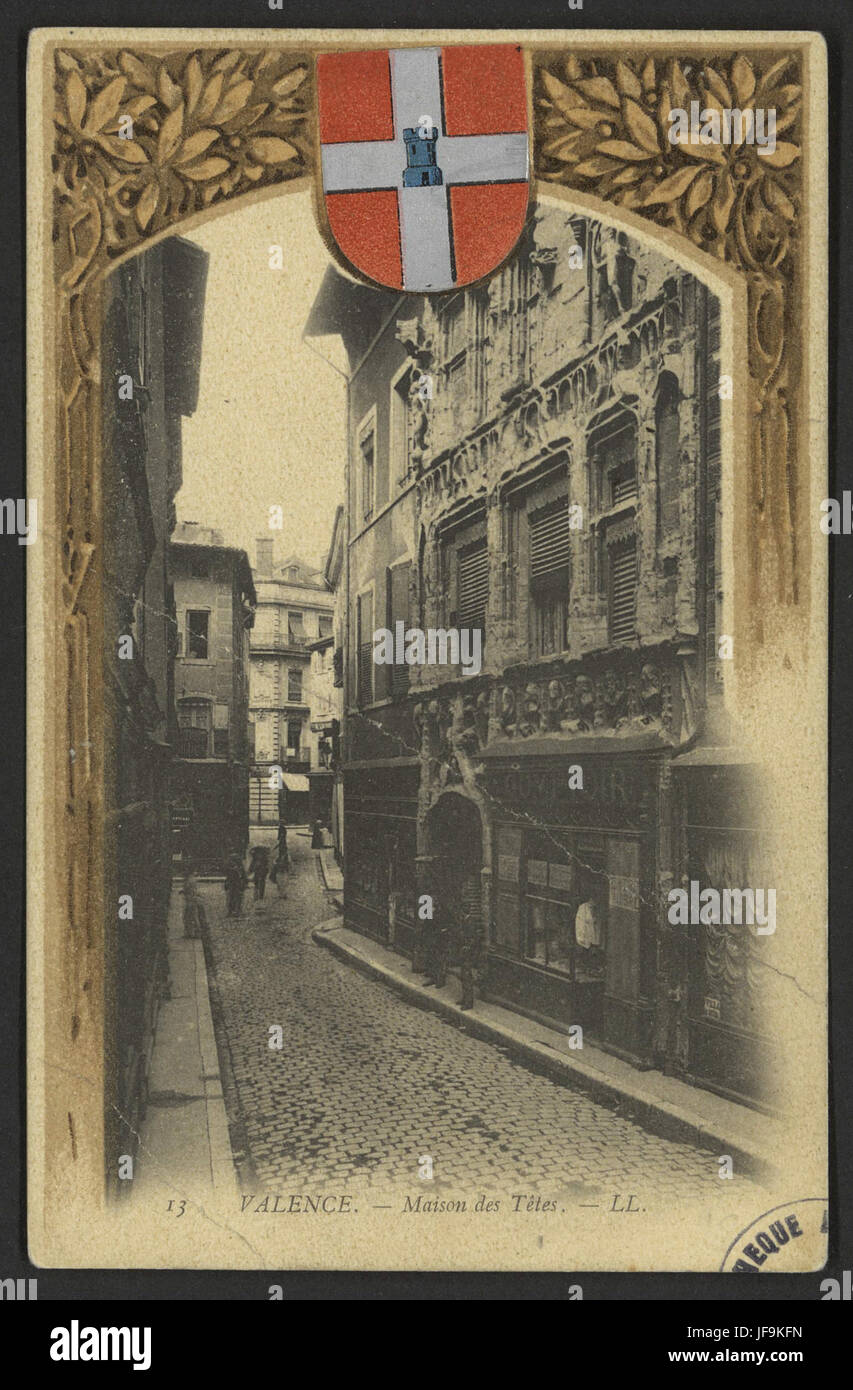 A vintage photograph of Maison des Têtes in Valence, a historical ...