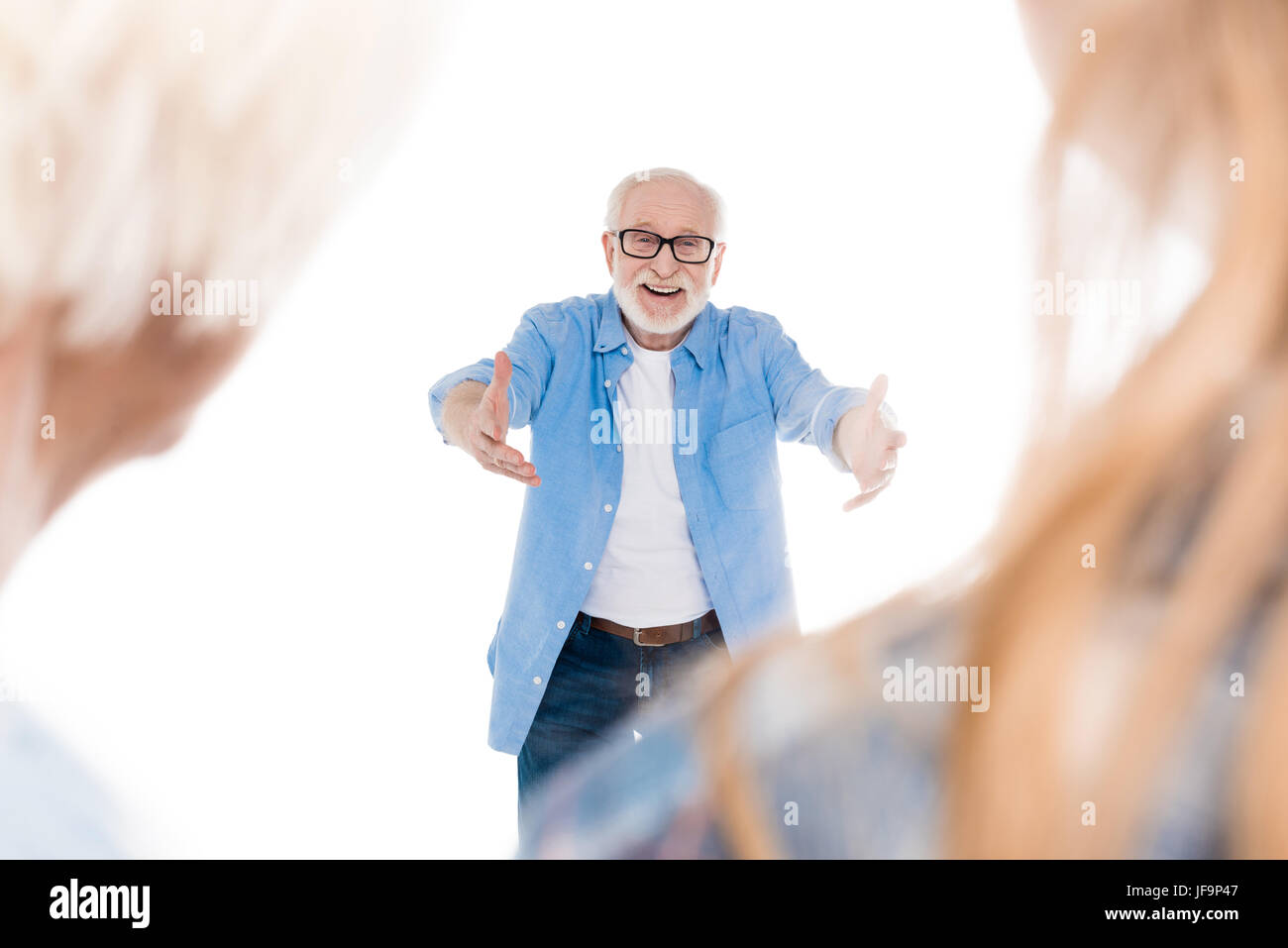 happy bearded grandfather ready to hug his family isolated on white ...