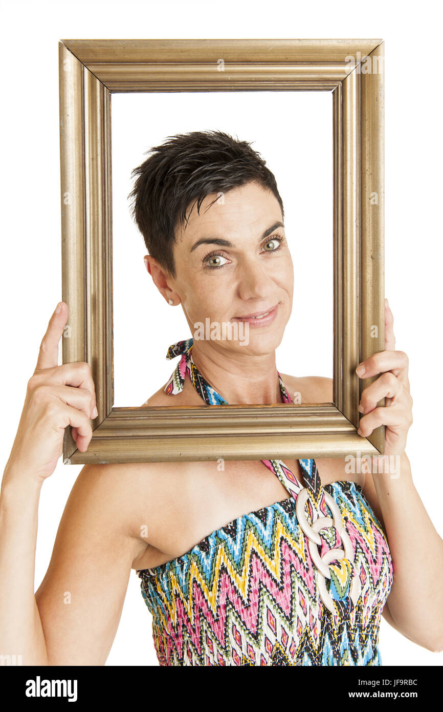 happy woman with frame Stock Photo - Alamy