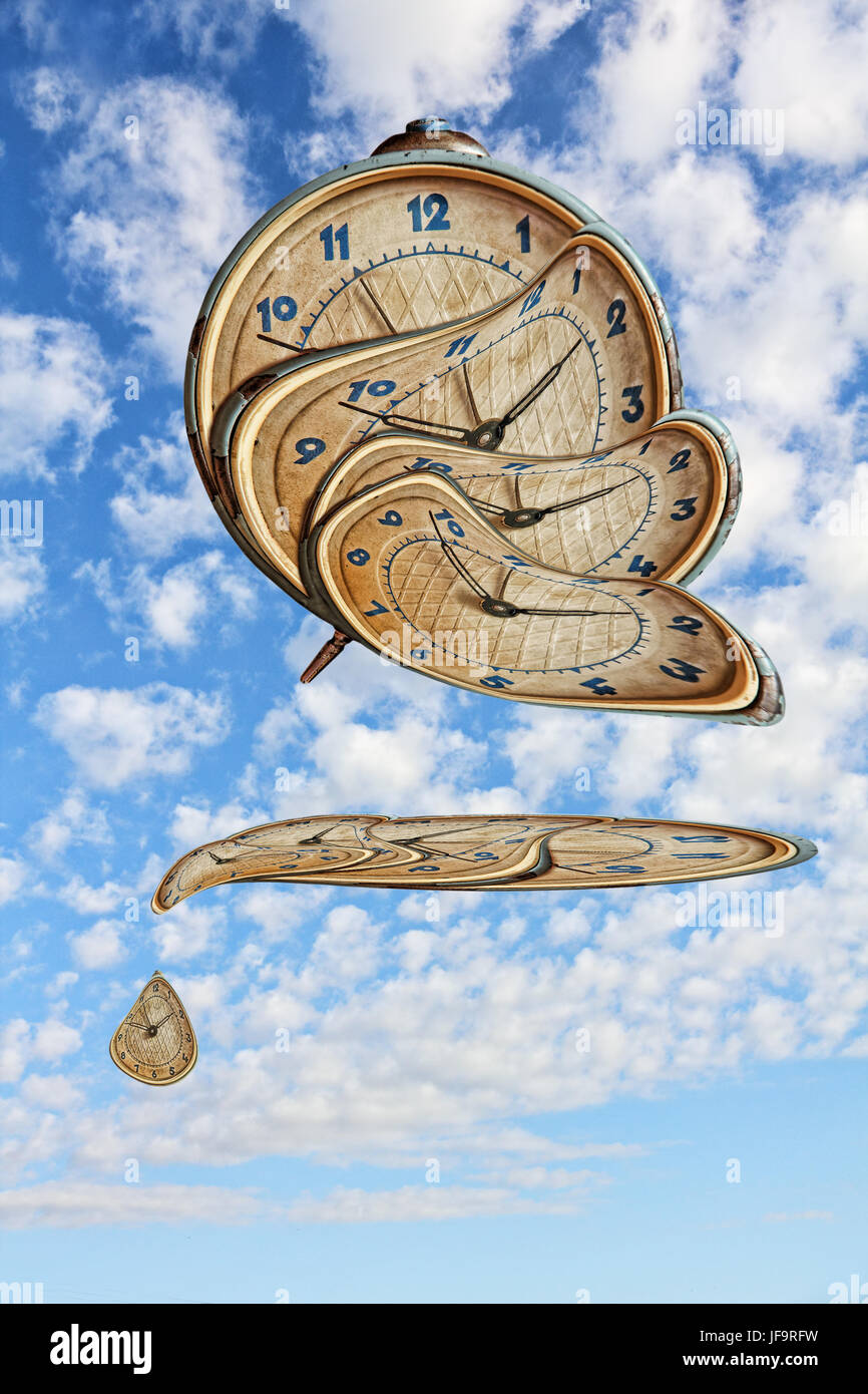 Liquid and flexible time concept.Surreal Alarm clock transforming and ...