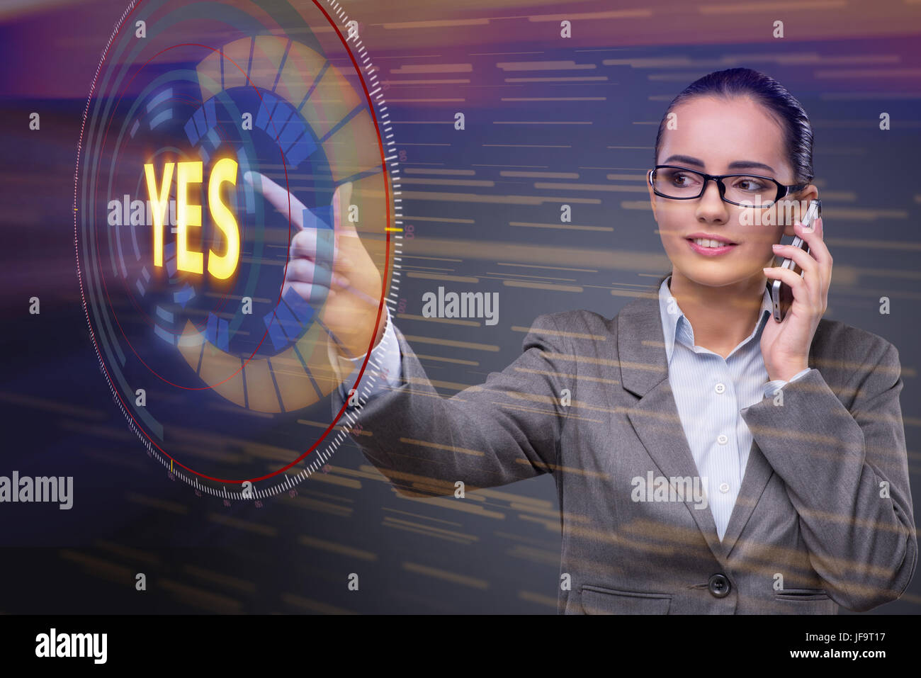 Businesswoman pressing virtual button YES Stock Photo - Alamy