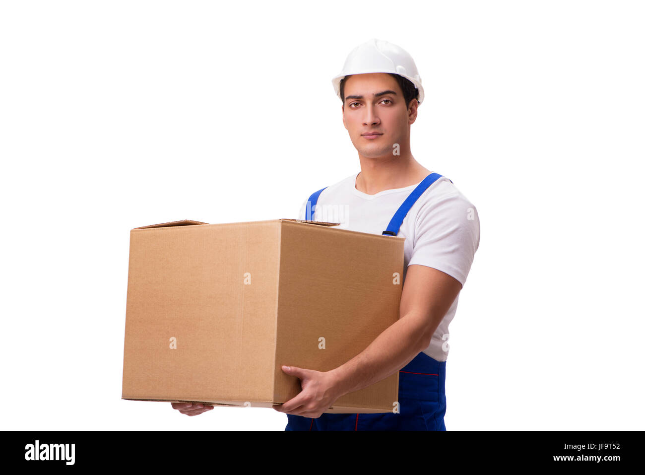 Man with boxes isolated on white Stock Photo - Alamy