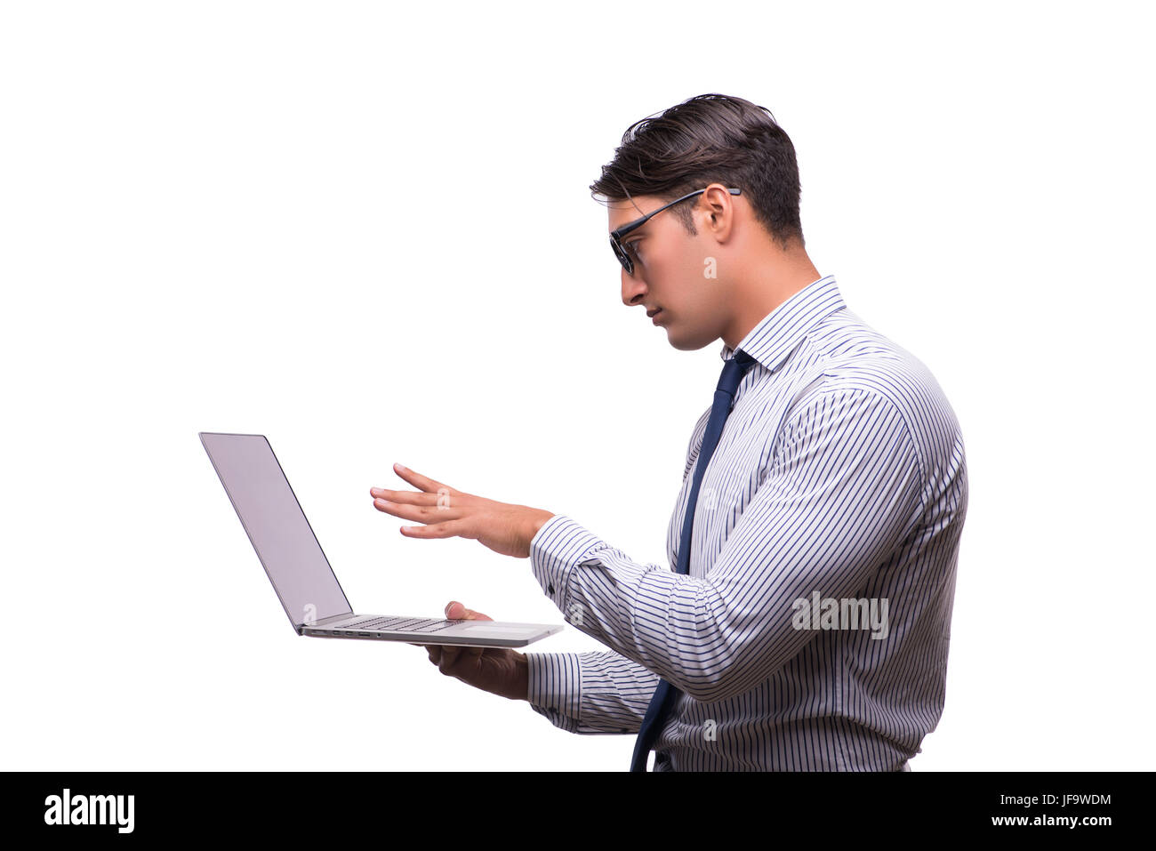 Man with laptop isolated on white Stock Photo - Alamy