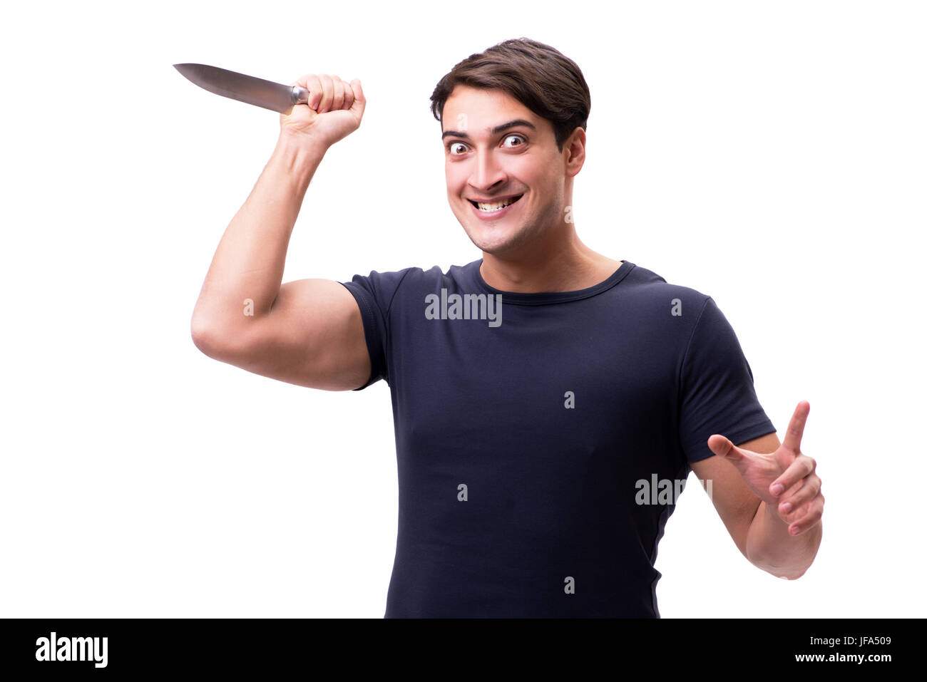 Young mobster with knife isolated on white Stock Photo - Alamy