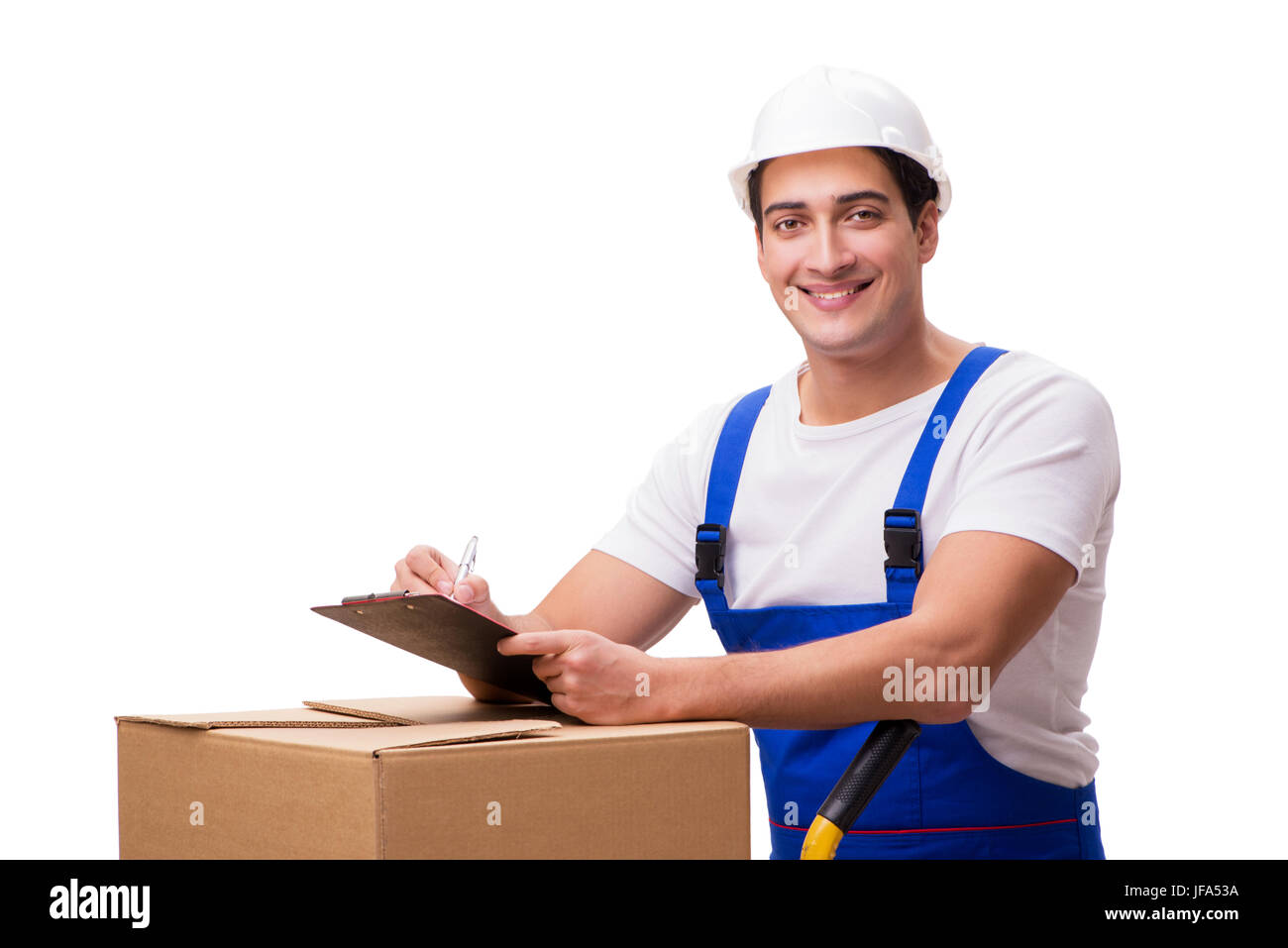 Man with boxes isolated on white Stock Photo - Alamy