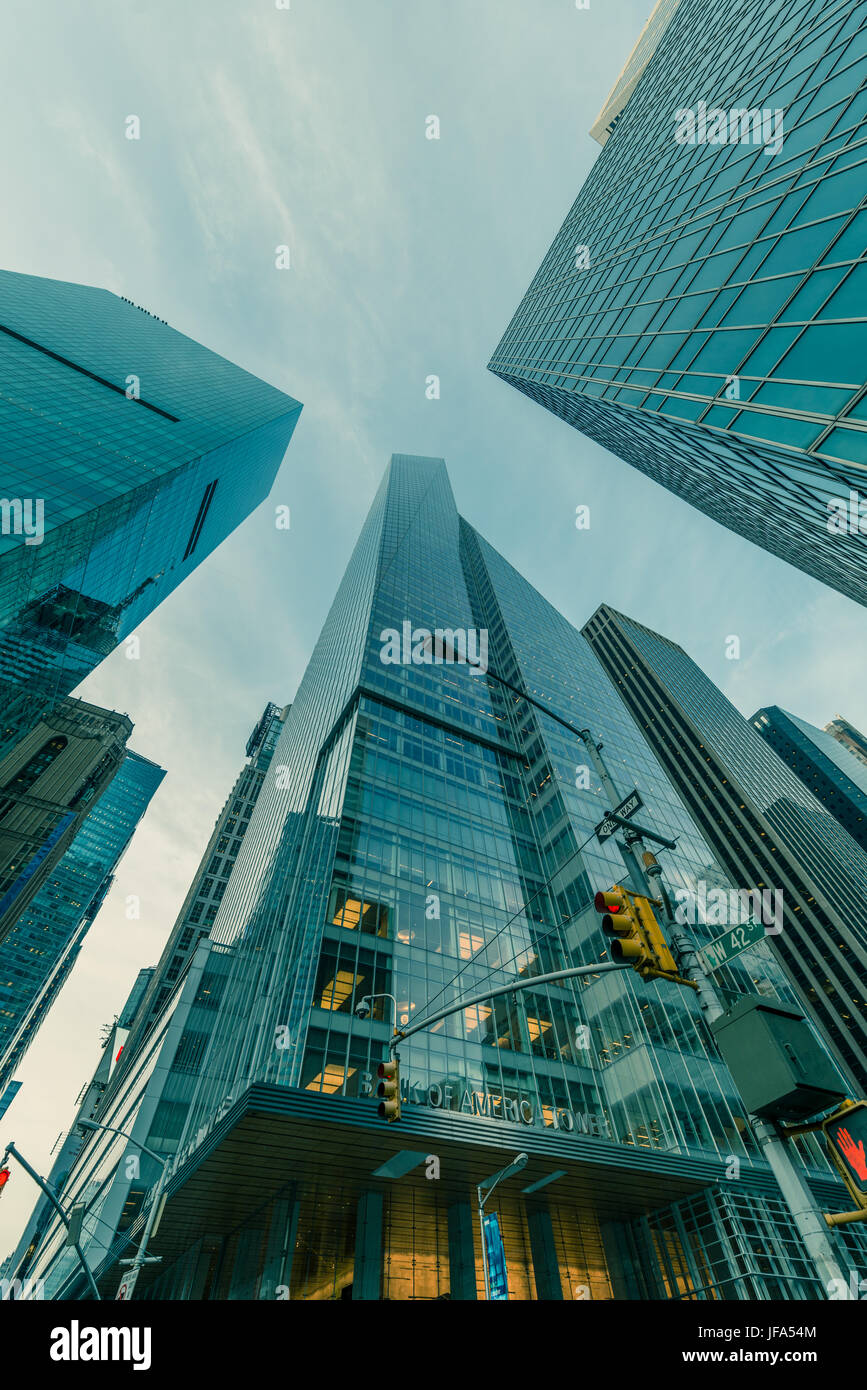 New York skyscrapers vew from street level Stock Photo - Alamy