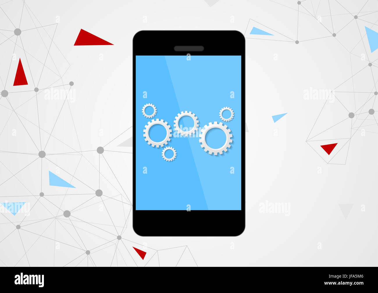 Mobile phone and gears on touchscreen Stock Photo - Alamy