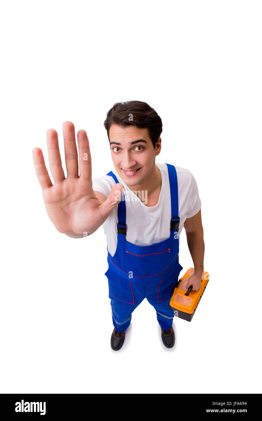 Funny repairman with tools isolated on white Stock Photo - Alamy