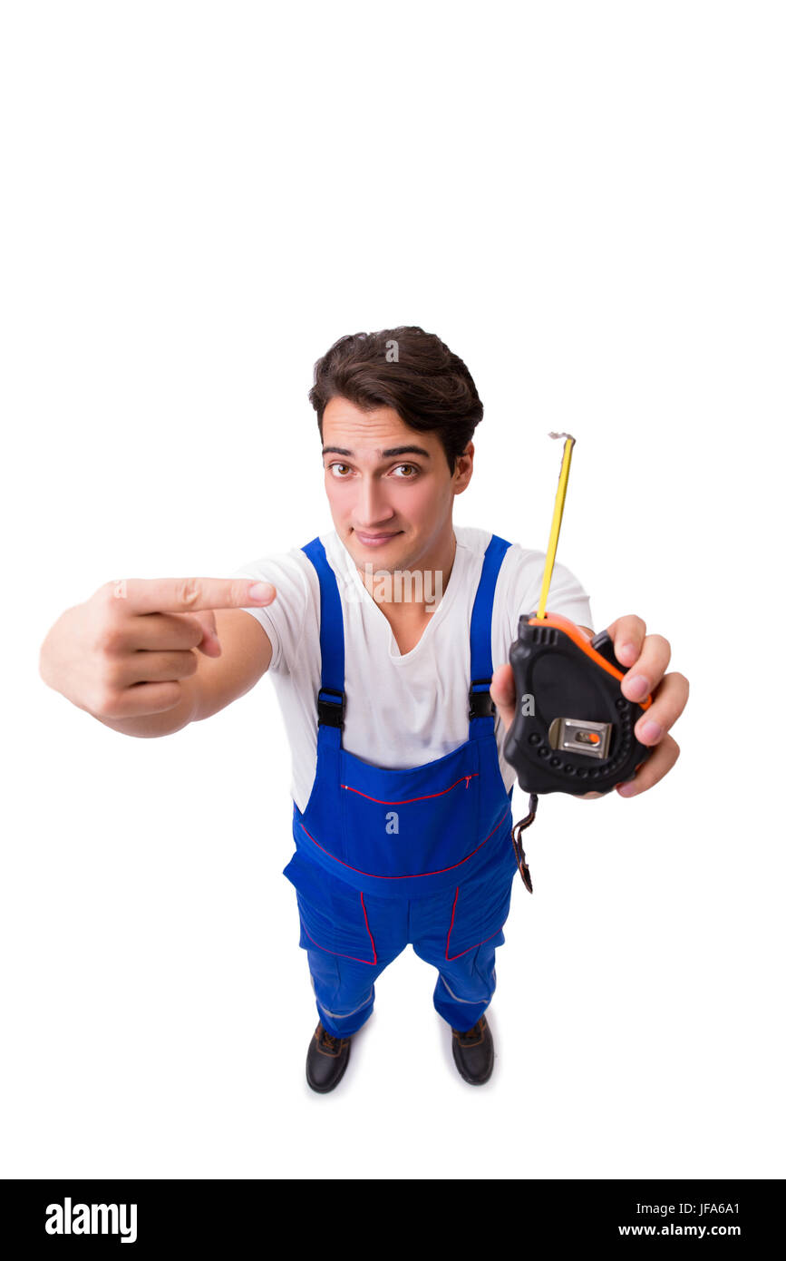 Man with tape measure isolated on white Stock Photo - Alamy