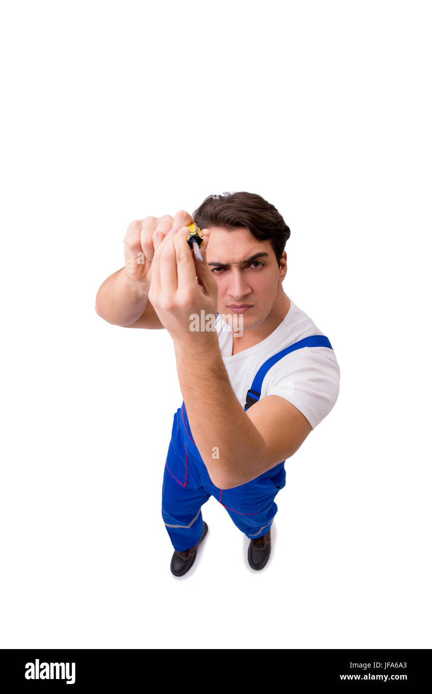 Funny repairman with tools isolated on white Stock Photo - Alamy