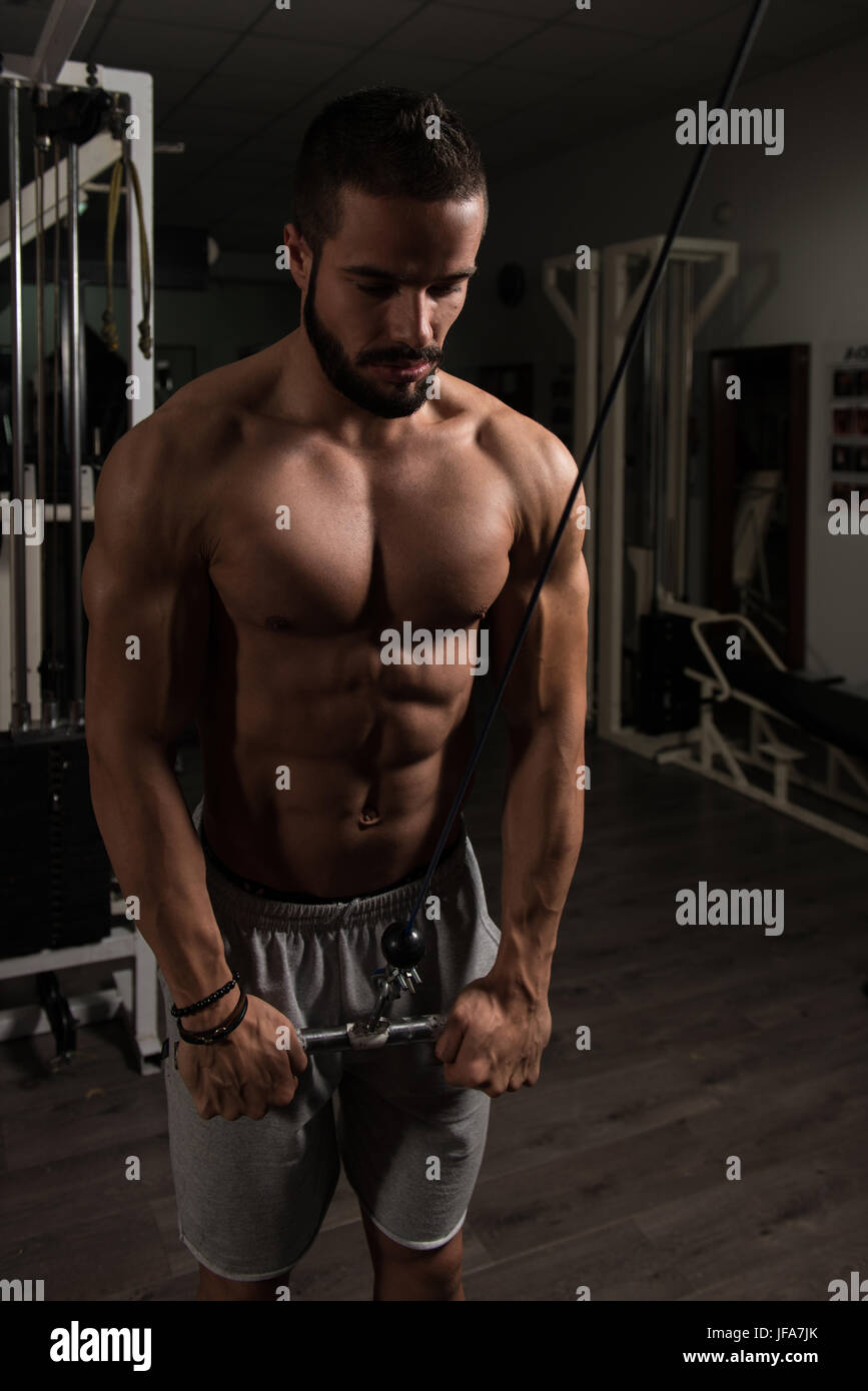 Handsome Muscular Fitness Model Doing Heavy Weight Exercise For Triceps ...