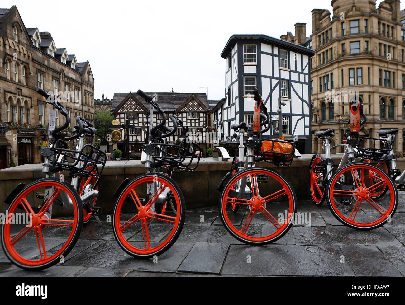 Manchester. 29th June, 2017. A row of Mobikes are seen in Manchester ...