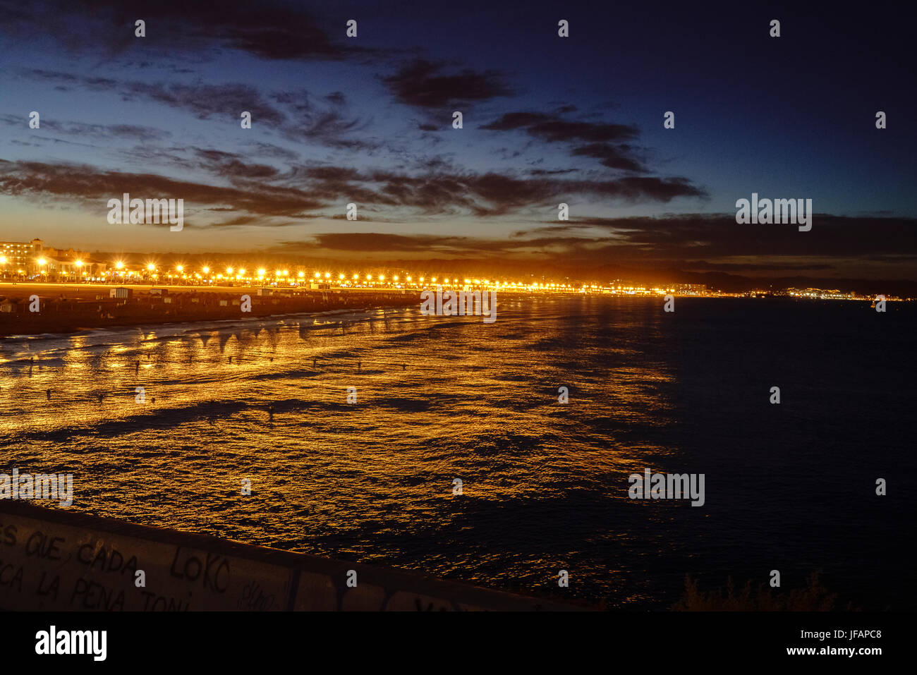 Night view of a Mediterranean beach with illuminated promenade Stock ...