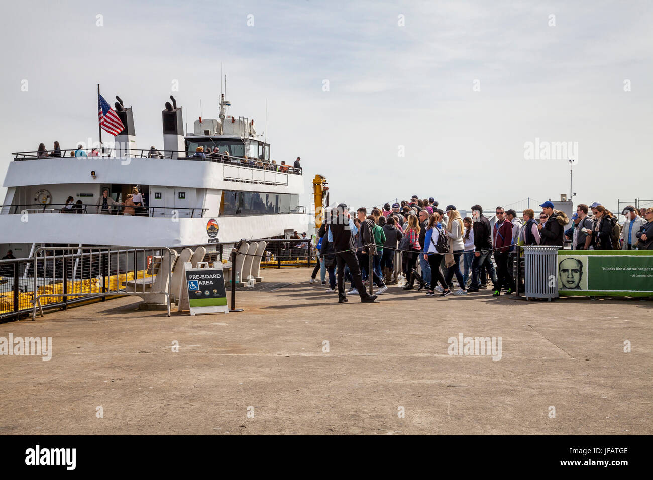 Tourists boarding a ferry at Alcatraz penitentiary, San Francisco ...