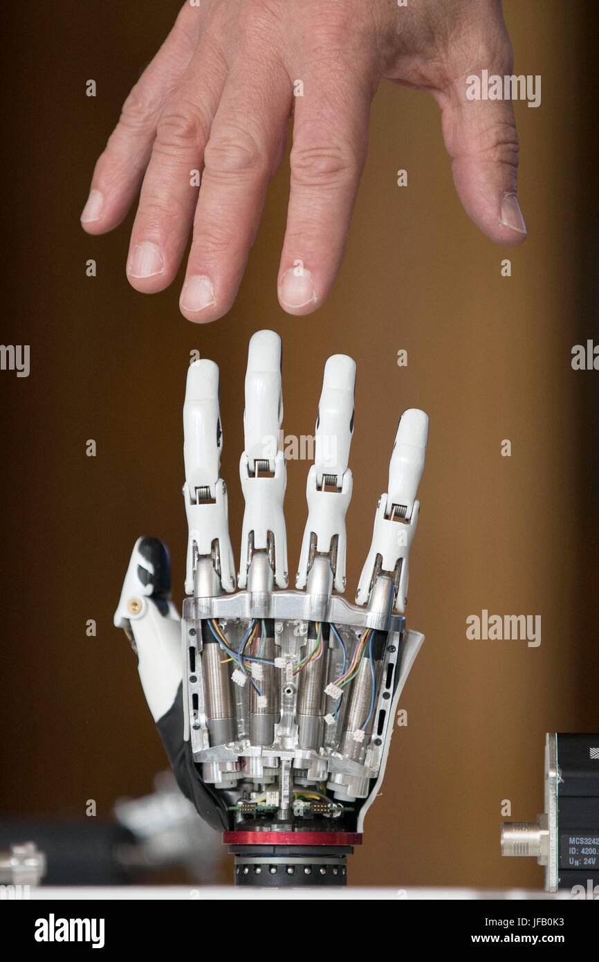 A robotic hand from Faulhaber on display during the UK Robotics Week ...