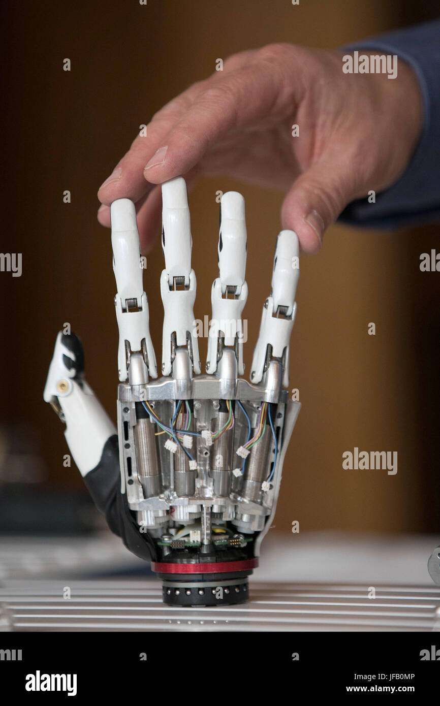 A robotic hand from Faulhaber on display during the UK Robotics Week ...