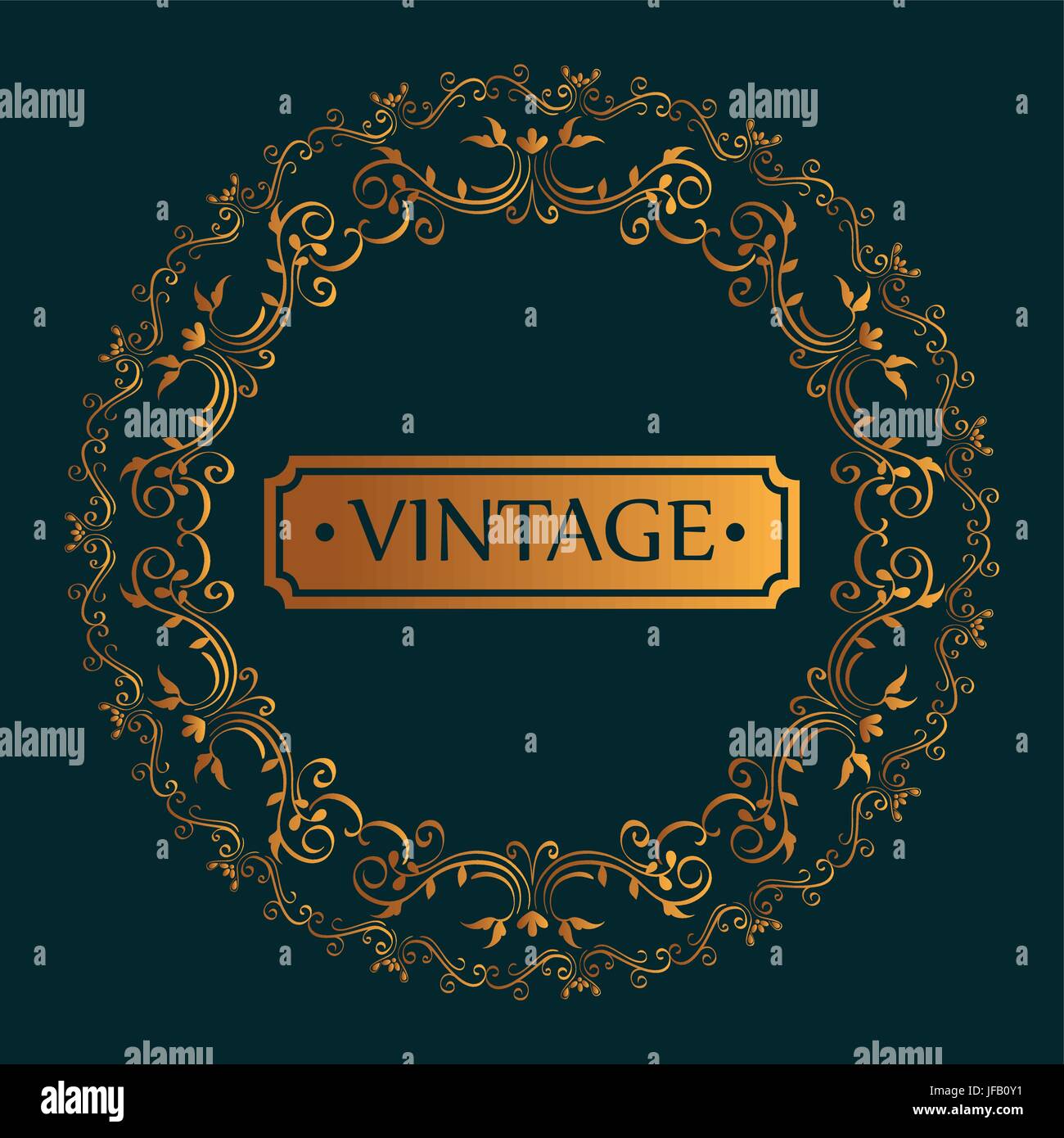 Golden vintage sign with ornamental borders and round frame over dark ...