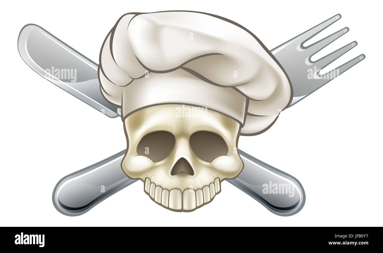 Skull and crossbones chef cartoon pirate with cross knife and fork and ...