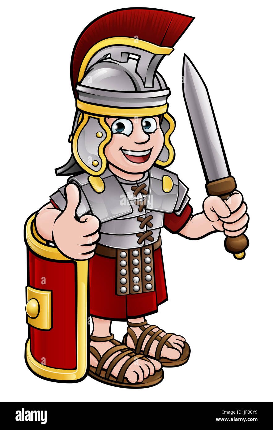 An ancient Roman soldier cartoon character holding a sword and giving a ...