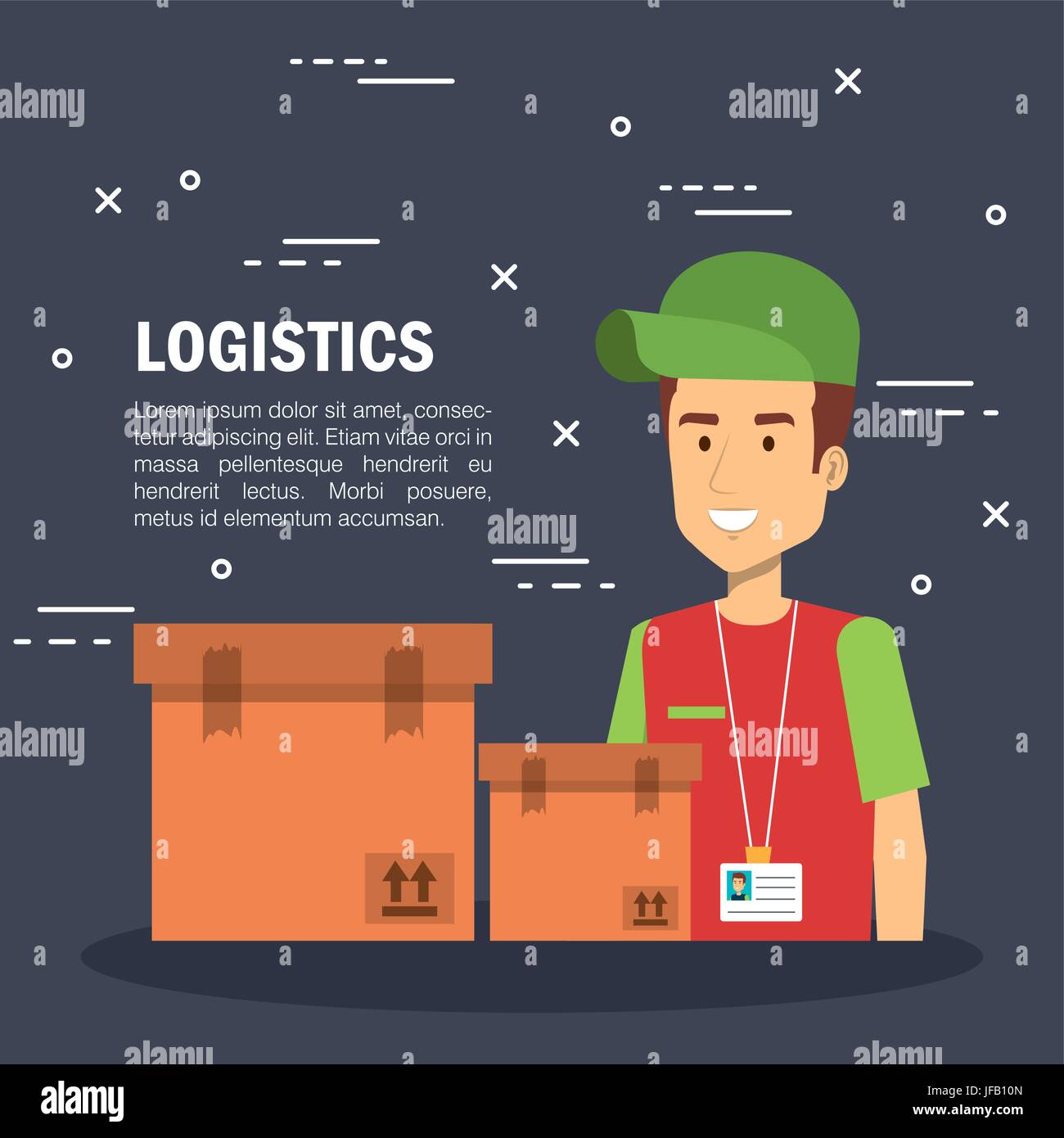 Delivery logistics infographic with worker and boxes over dark ...