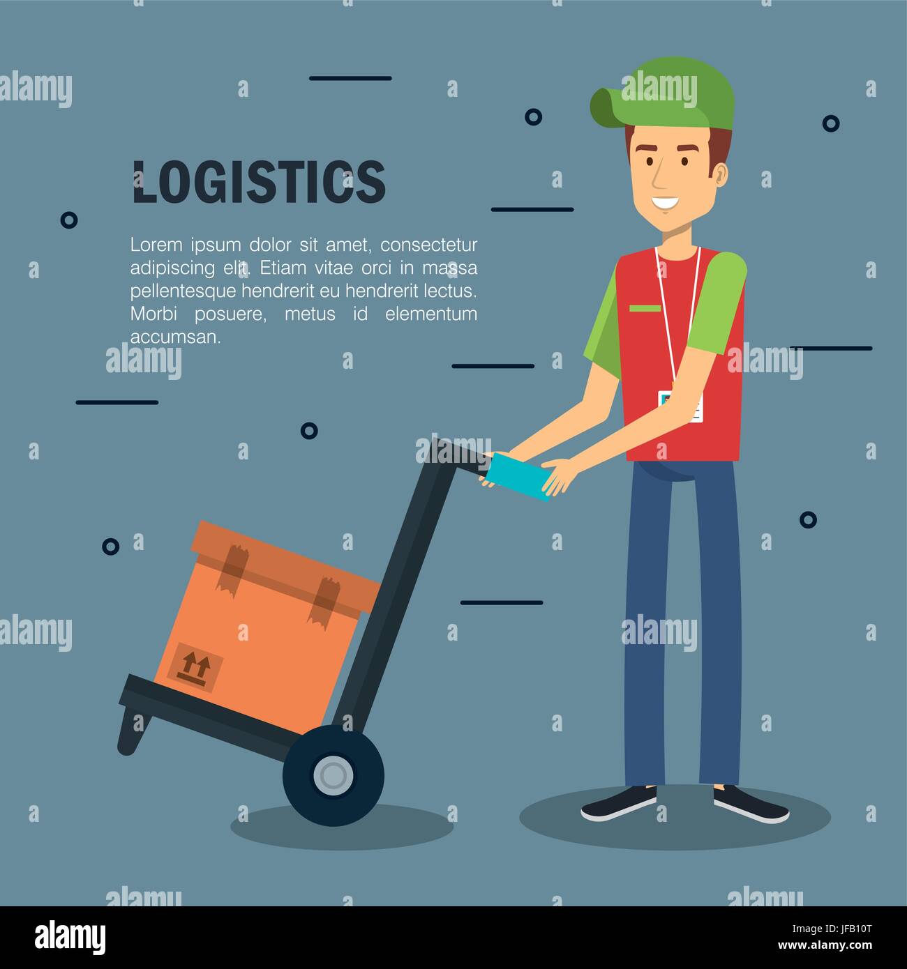 Delivery logistics infographic with male worker holding load carrier ...