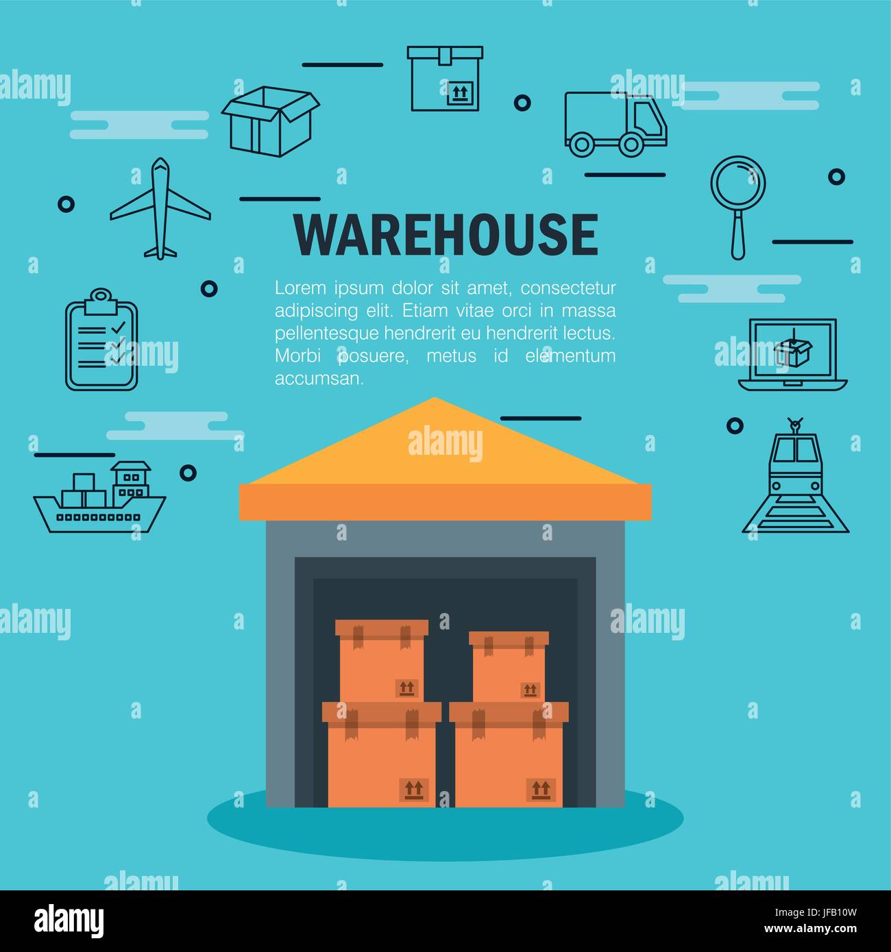 Warehouse infographic with house boxes and hand drawn related icons ...