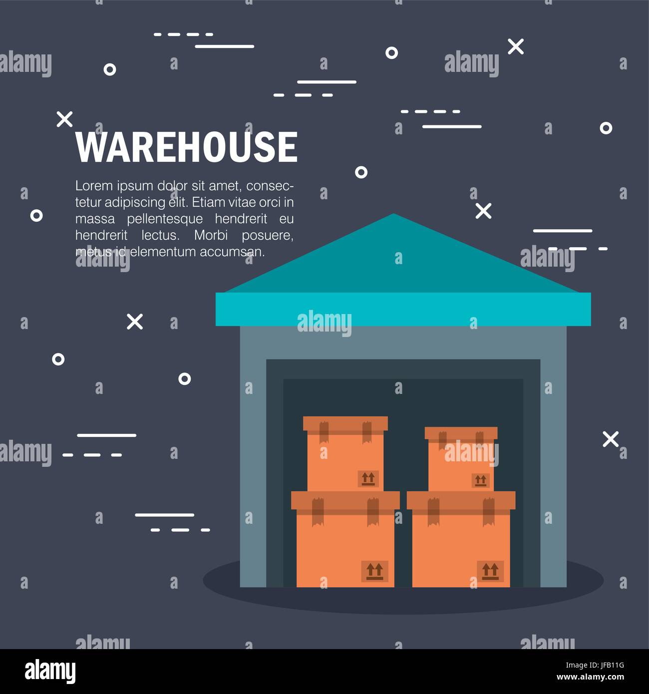 Warehouse infographic with boxes and storage over dark background ...
