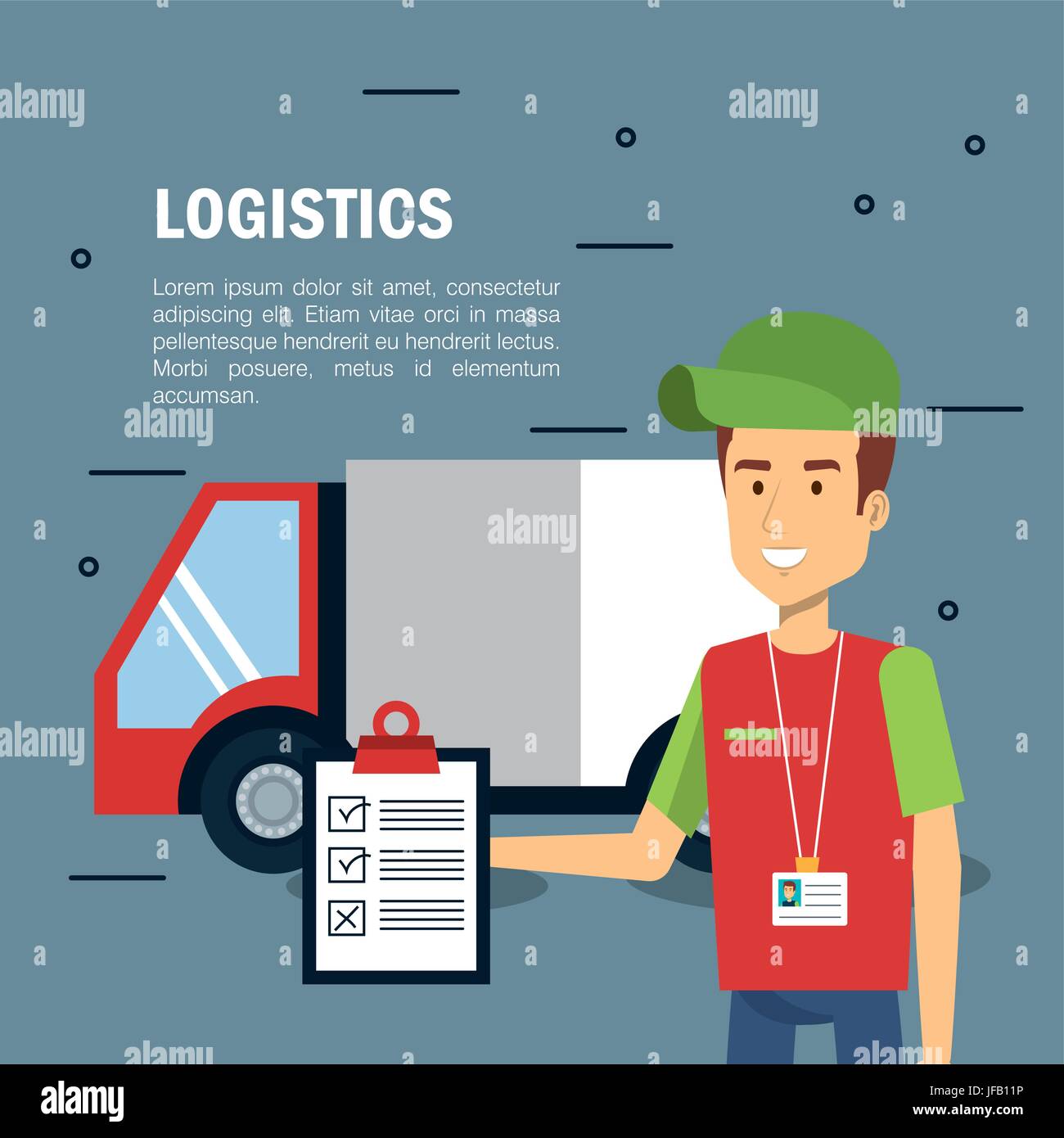 Delivery logistics infographic with working holding clipboard and cargo ...
