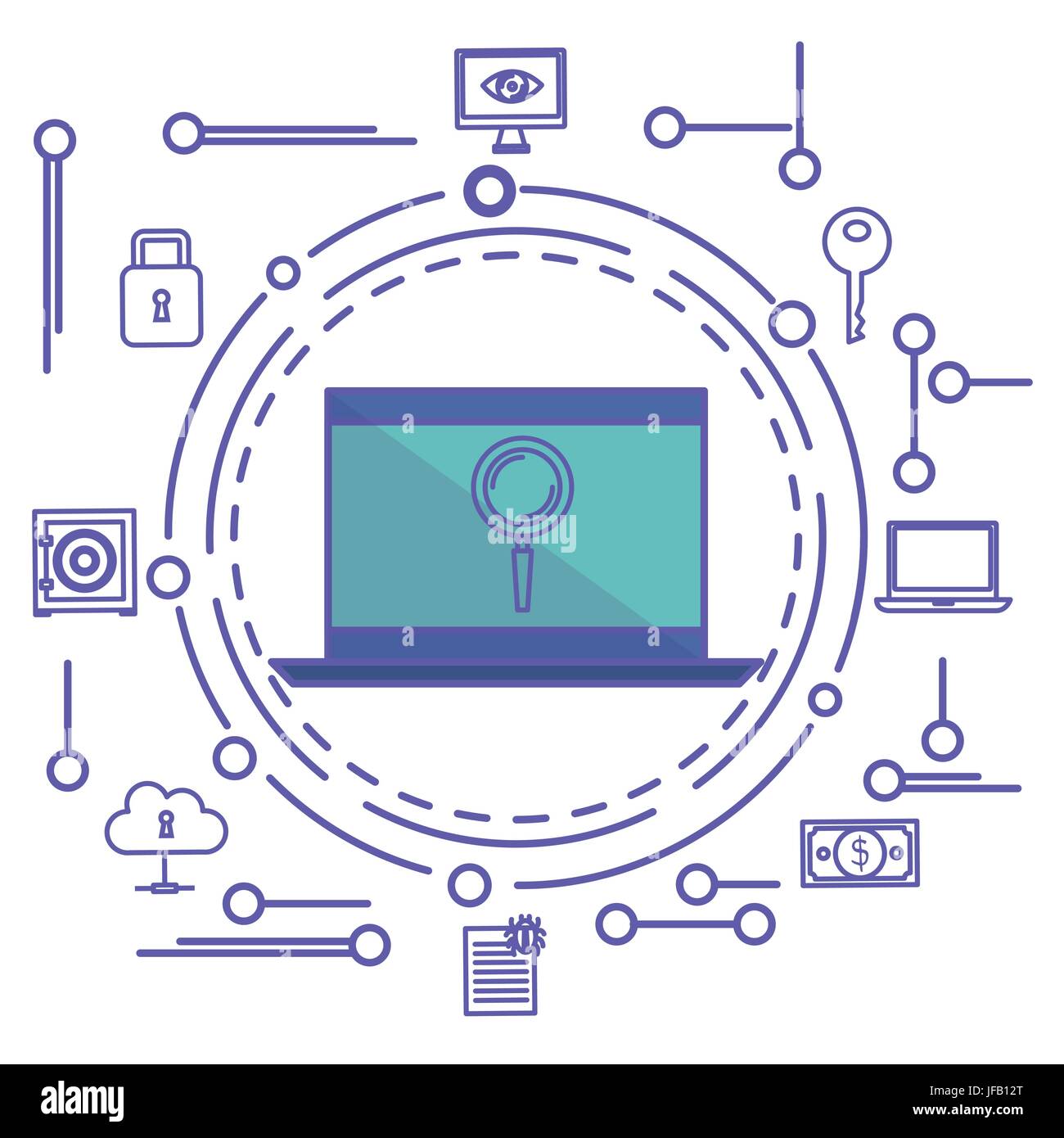 Laptop with magnifying glass sticker and hand drawn cyber security related objects over white ...