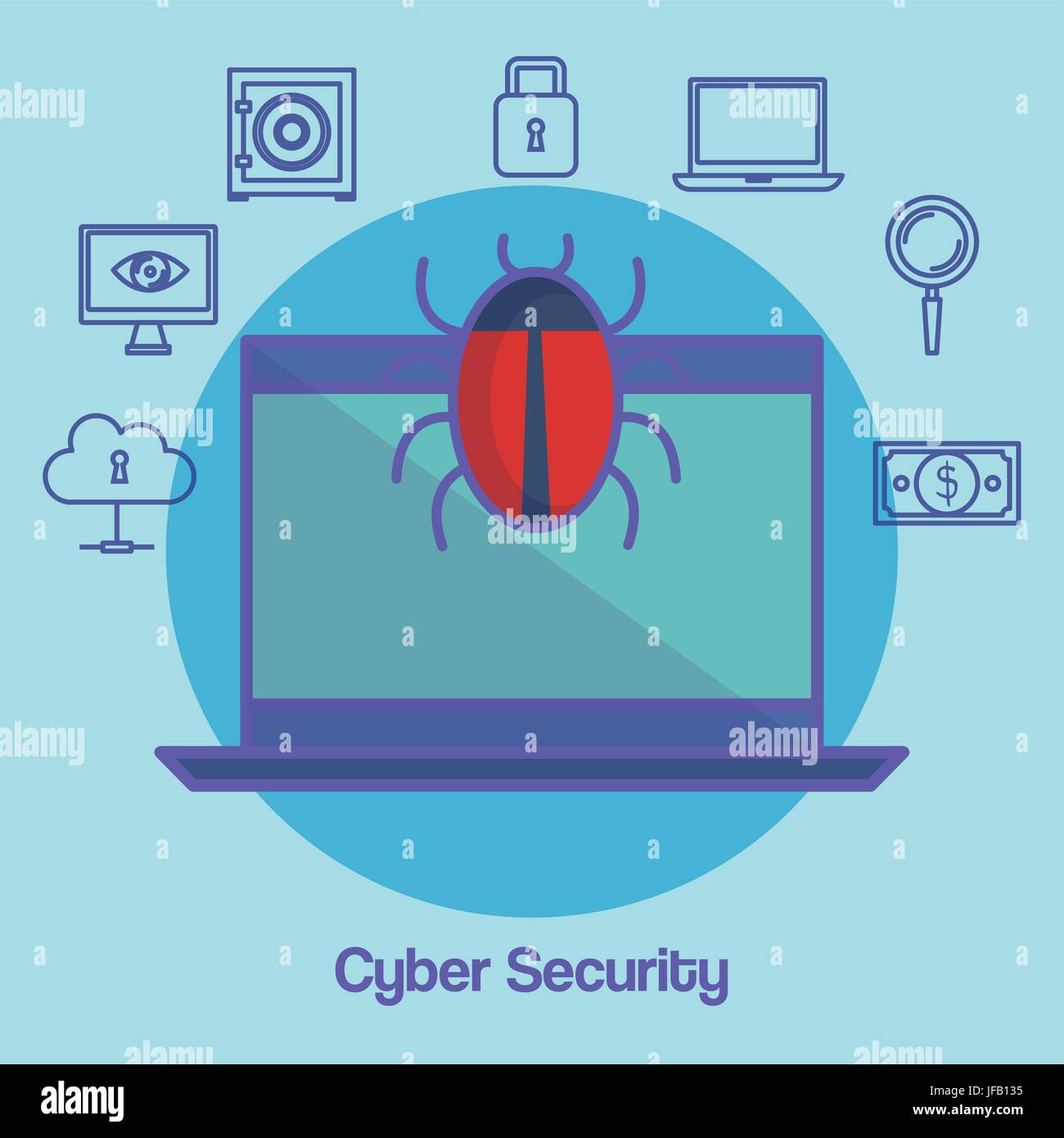 Laptop with bug and hand drawn cyber security related objects over blue ...