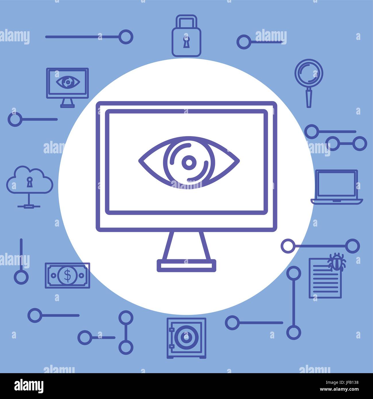 Hand drawn screen with eye and cyber security related objects over blue ...