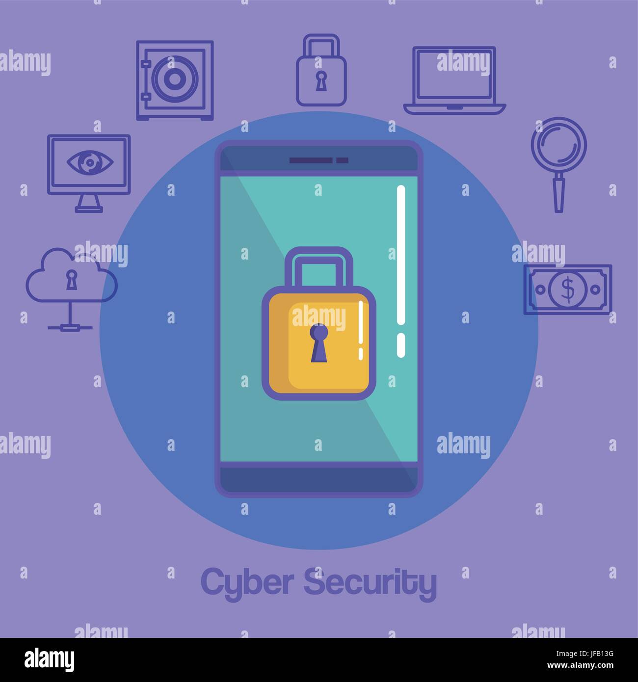Smartphone with lock and hand drawn cyber security related objects over purple background Stock ...