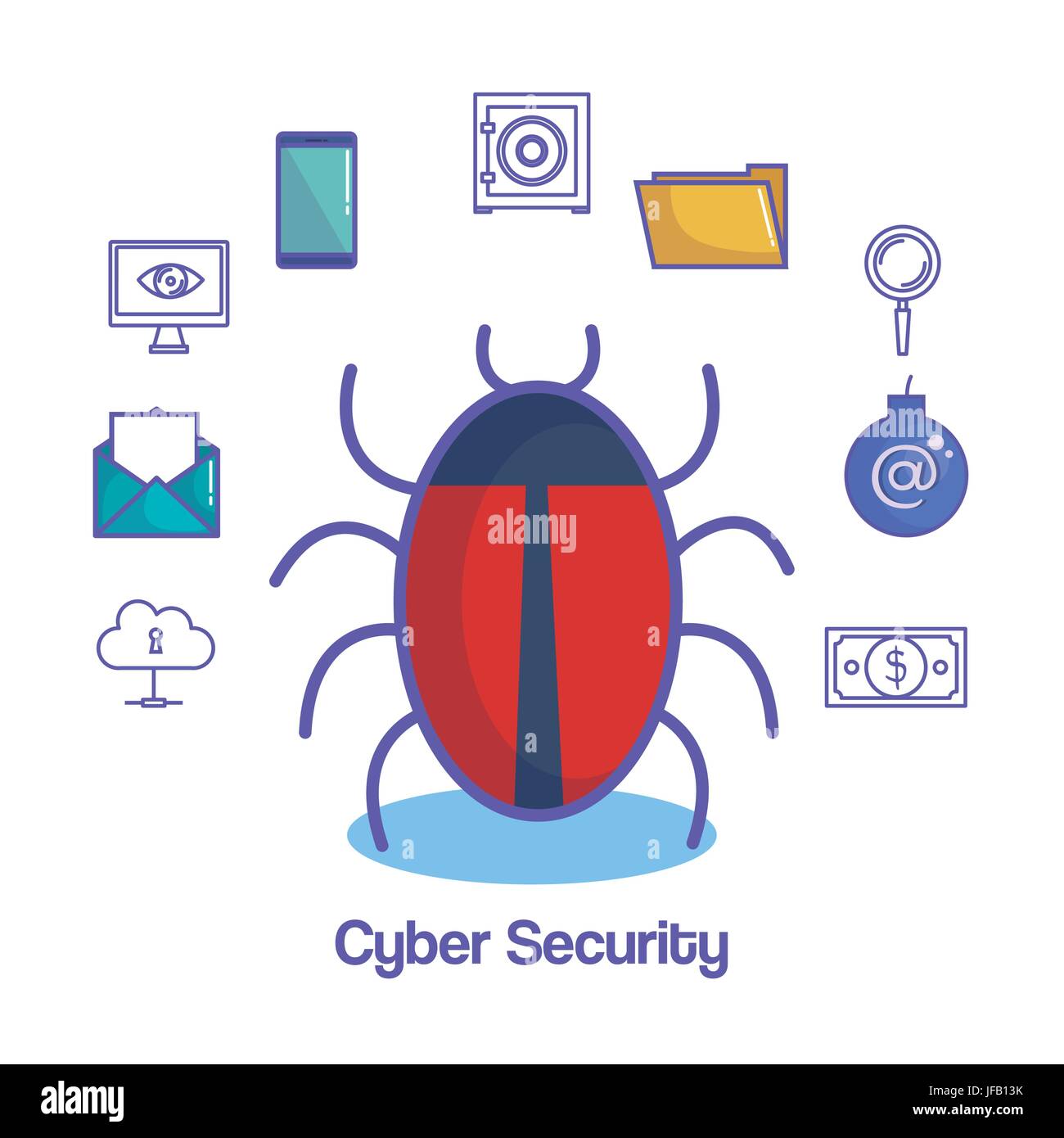 Bug with cyber security related objects over white background vector ...