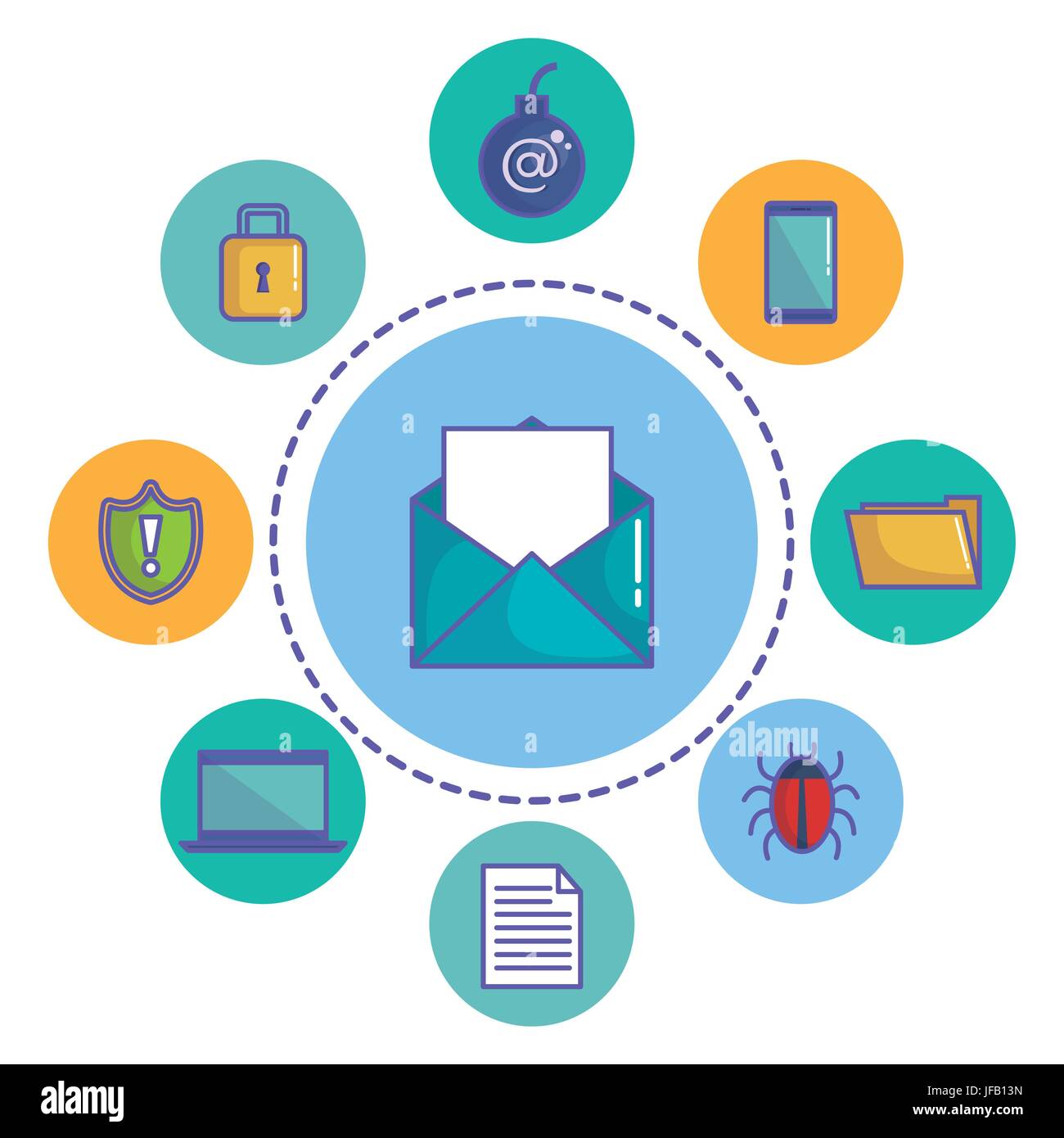 Envelope with letter sticker and cyber security related icons over ...