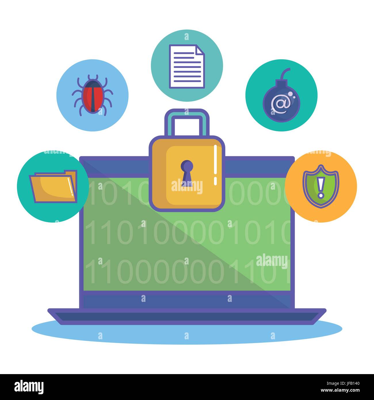 Laptop with binary code lock and cyber security related objects over white background vector ...